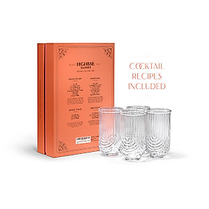 Vintage Art Deco Highball Gatsby Cocktail Glasses | Set of 4 | 14 oz Double HiBall Glassware for Drinking Mojito, Gin Rickey, Whiskey Highball, Classic Long Bar Drinks | Large Tall Tumblers
