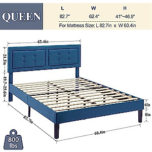 VECELO Queen Size Upholstered Bed Frame with Height Adjustable Fabric Headboard, Heavy-Duty Platform Bedframe/Mattress Foundation/Strong Wood Slat Support/No Box Spring Needed, Blue