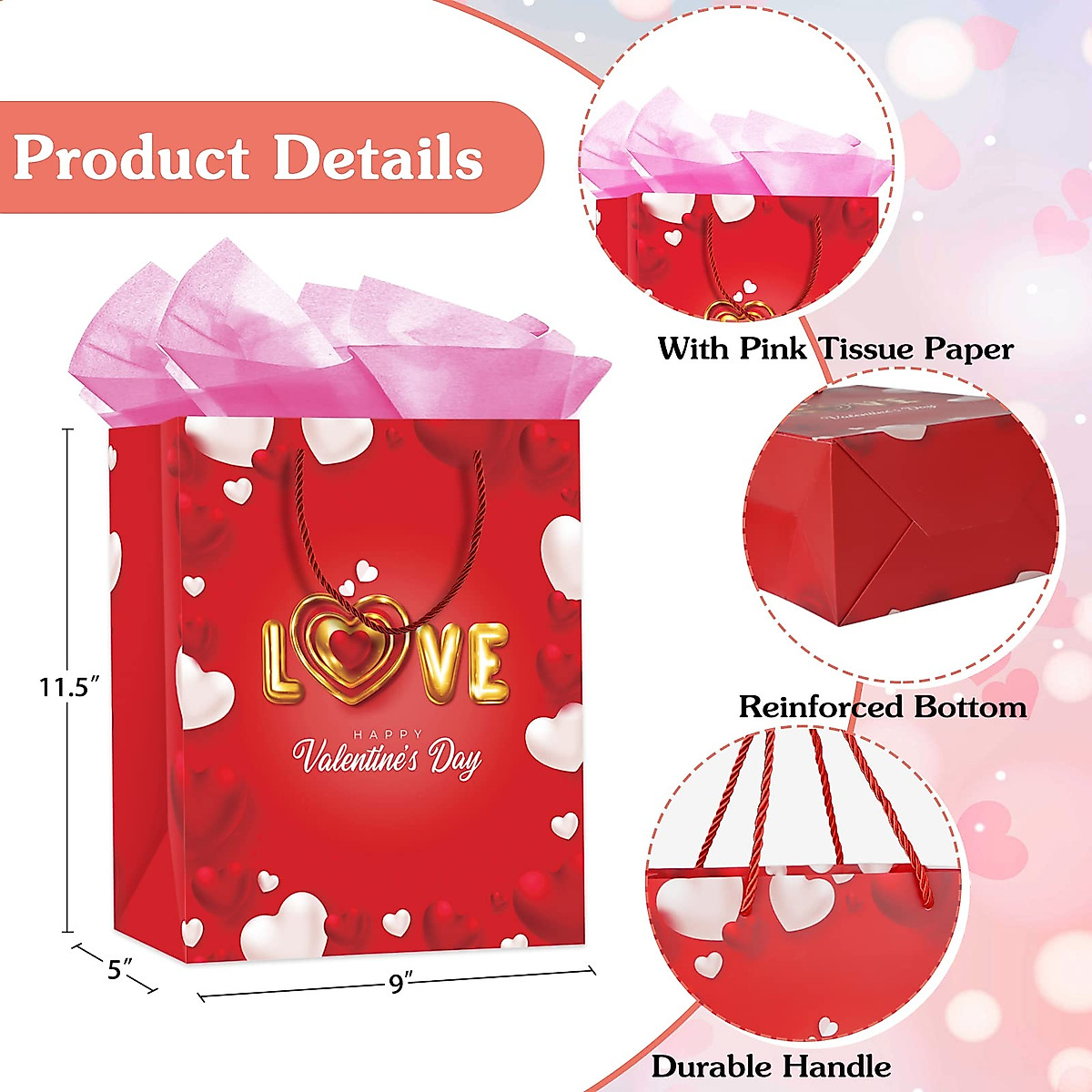 WhatSign Valentine Gift Bags Happy Valentines Day Gift Bags with Handles 11.5" Valentine's Paper Gifts Bags with Tissue Paper Valentines Gifts Bags for Her Him Girlfriend Boyfriend Wife Husband Women