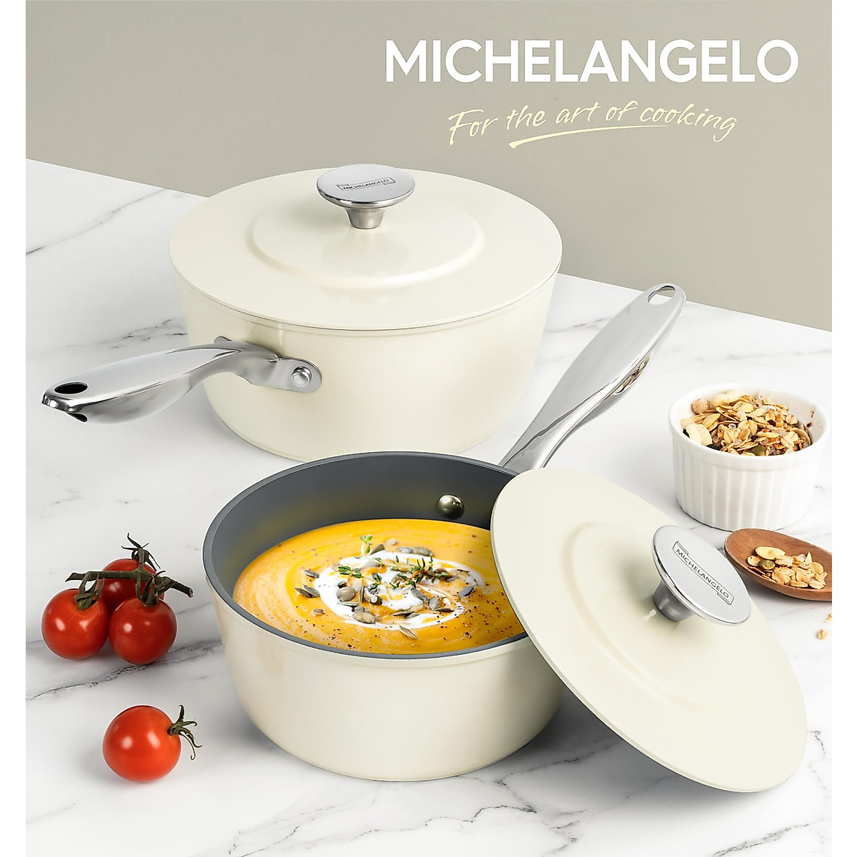 MICHELANGELO Sauce Pan with Lid, Nonstick Ceramic Saucepans Set, 1.5Qt & 3Qt Sauce Pan Sets with Stainless Steel Handle, Non-Toxic, Induction Compatible, Oven Safe