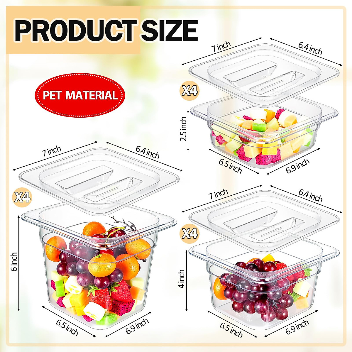 Tioncy 12 Pcs Clear Food Pans with Lids Salad Bar Containers Plastic Pan Salad Bar Containers Commercial Food Storage Transparent Hotel Pans for Vegetables Fruits Beans Corns 2.5'' 4'' 6'' Deep