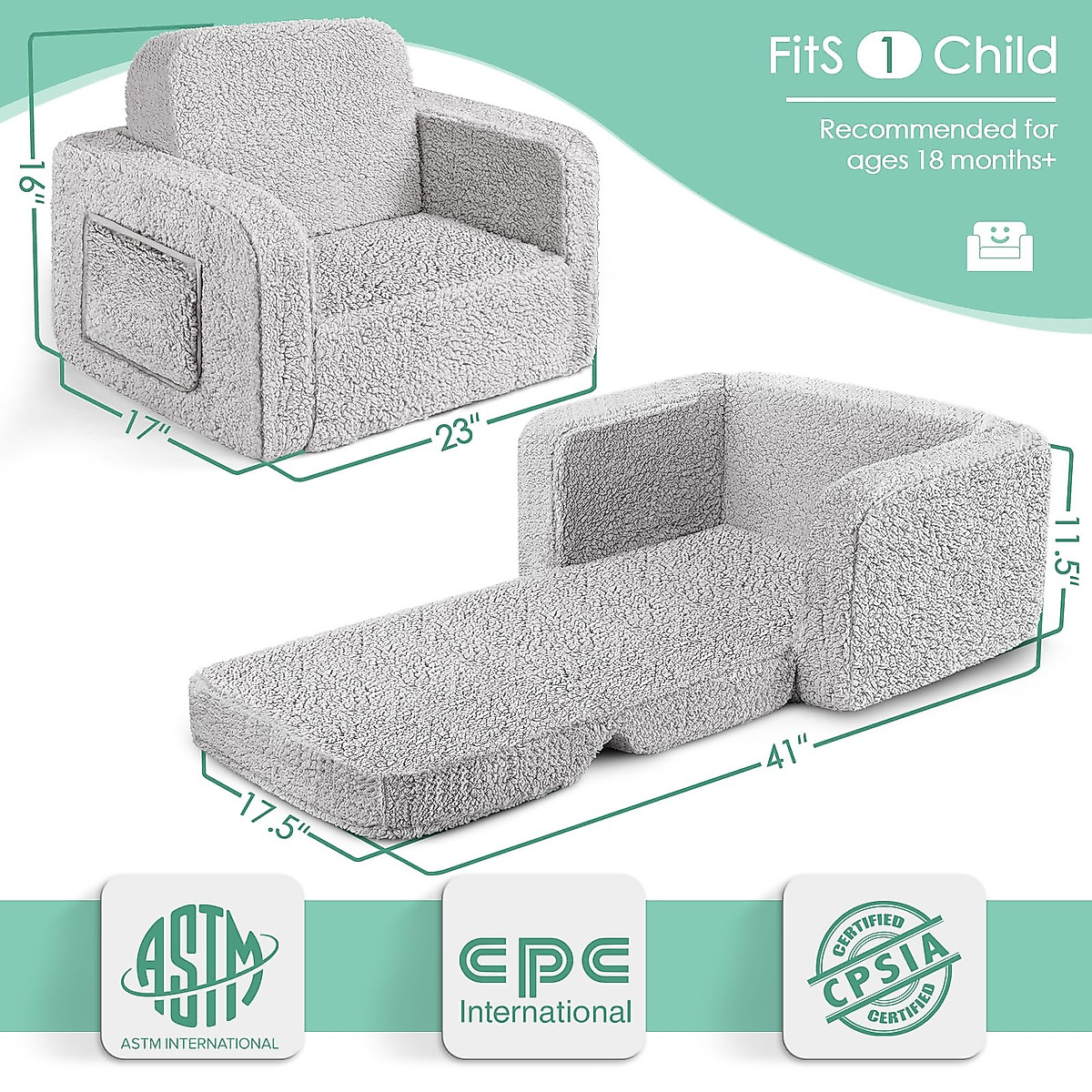 ACRABROS Kids Couch Toddler Chair: Sofa Bed Fold Out for Girls Boys Grey