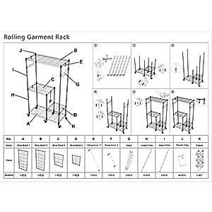 tonchean Rolling Wire Garment Rack Heavy Duty Clothes Rack for Hanging Clothes Freestanding Clothing Rack Closet Wardrobe Rack with Shelves and Wheels