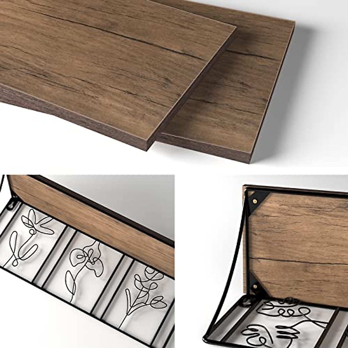 QUTREY Plant Wall Art Floating Shelves Set of 2, Minimalist Metal Abstract Decor Rustic Wooden Shelf for Living Room, Bedroom, Bathroom