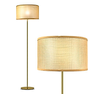 Brightech Zion Elegant Floor Lamp – Modern Woven Wicker Shade Matches Boho, and Mid-Century Décor – Free Standing LED Light for Living Rooms and Bedrooms – Tall Lamp Gets Compliments - Brass