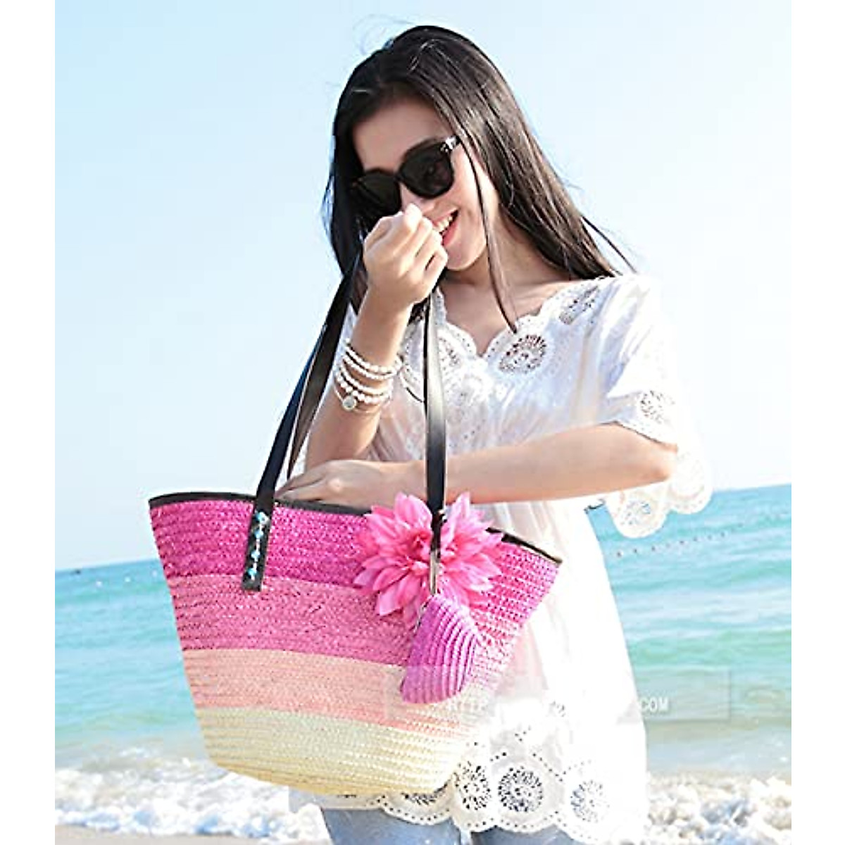 DAISHA Straw Bag Beach Bags for Women-Straw Large Beach Tote Bag-Summer Handwoven Shoulder Bags for Beach.,Red
