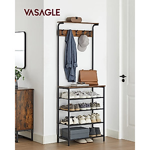 VASAGLE Hall Tree with Shoe Bench, Coat Rack Shoe Bench, 5-Tier Shoe Rack Different Heights, 5 Dual Hooks, Top Shelf, Entryway Organizer, Hallway Bedroom Dorm, Rustic Brown and Black UHSR412B01