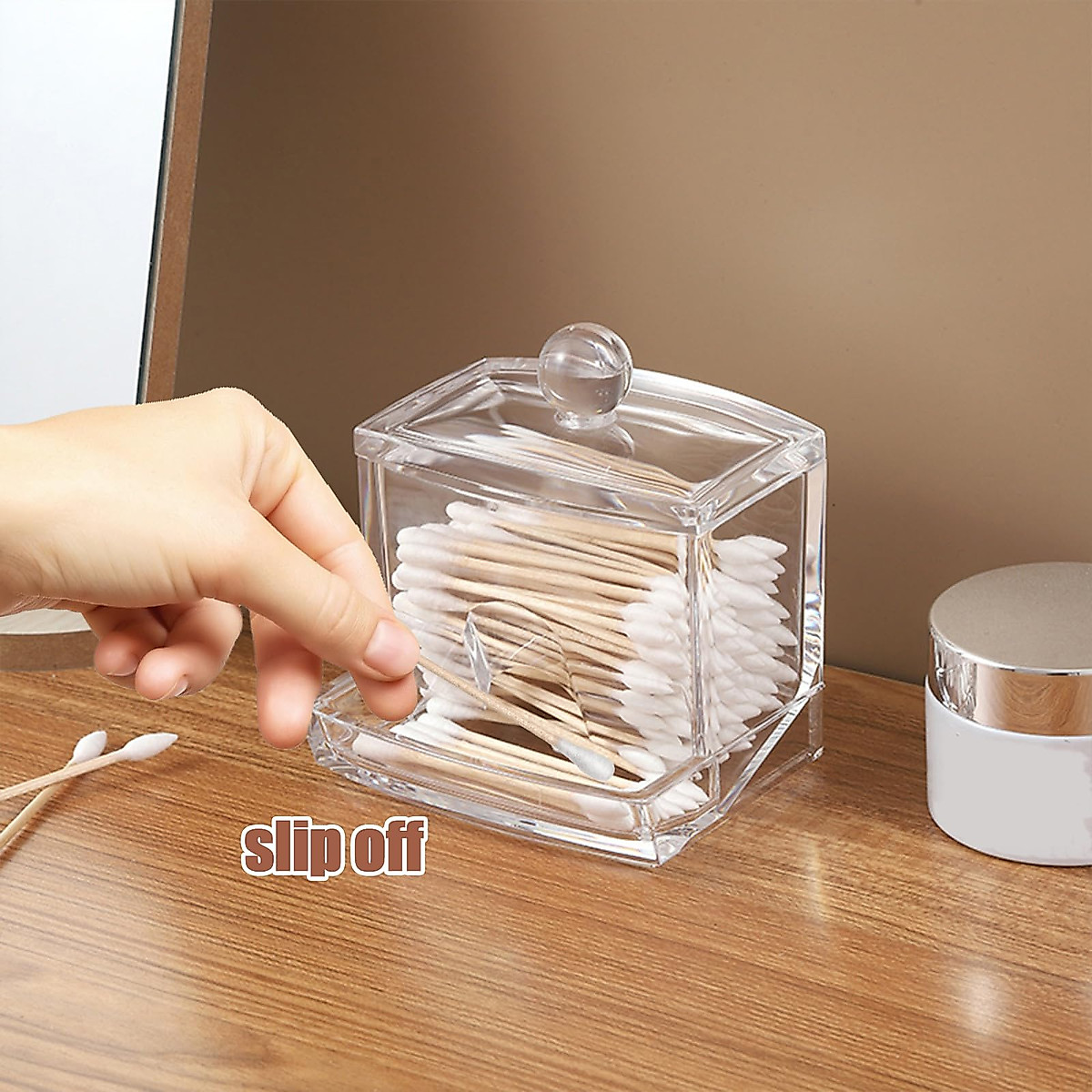4 Pack Qtip Holder Dispenser, Swab Organizer with Lids, Clear Plastic Apothecary Jar, Vanity Makeup Organizer and Storage, Bathroom Organizers and Storage for Cotton Ball, Cotton Swab, Pads, Floss