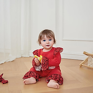 Emmababy Valentines Day Outfit Baby Girl Flared Jumpsuit Heart Print Ruffle Romper Long Sleeve Playsuit Bodysuit Headbands (red, 0-3 Months)