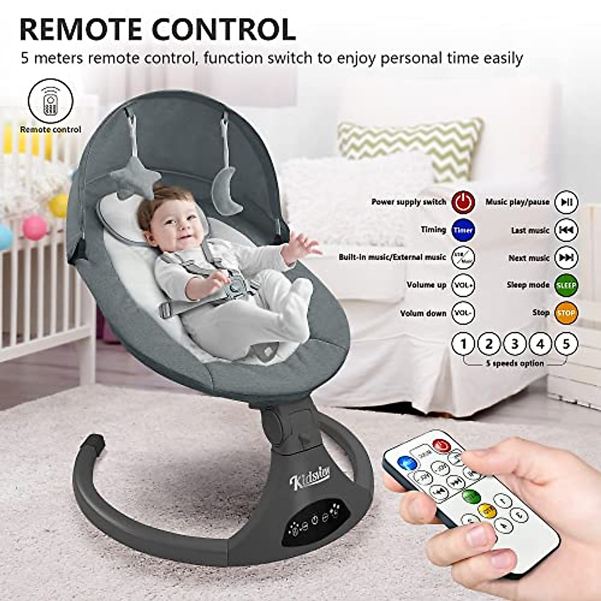 KIDSVIEW Portable 5 Speed Baby Rocker with Music, Remote Control, and Touch Screen for Infants - Suitable for 0-9 Months, 5-20 lbs, Gray (CR010A-1-GREY)