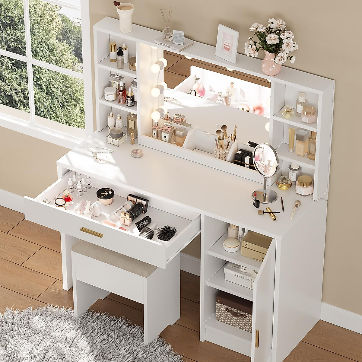 Vanity Desk with Mirror and Lights, 43'' Tabletop Makeup Vanity with Multiple Shelves & Large Cabinet, 3 Color Lighting Modes Adjustable Brightness, Makeup Table with Soft Cushioned Stool, White