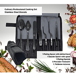 DOJA Barcelona | Chef Plating tools culinary set | BLACK | 7 Professional cooking Utensils | 3 kitchen tweezers Drawing Pencil Spoon Fish tongs Spatula Slotted spoon | Modernist cuisine food art