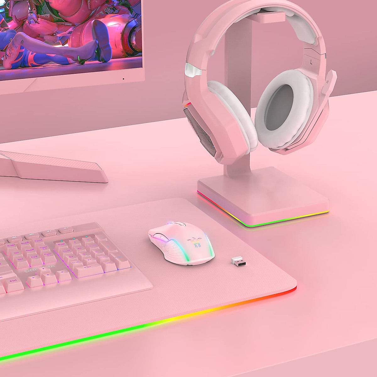 SIMGAL RGB Wireless Gaming Mouse, Pink, Rechargeable, Ergonomic Design, Adjustable DPI, Compatible with Windows, Mac