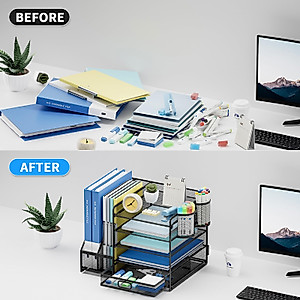Lavatino Desk Organizer with File Holder, 5-Tier Paper Letter Tray Organizer with Sliding Drawer and 2 Pen Holder, Mesh Desktop File Organizer for Office Supplies (Black)