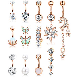 JOERICA 12 Pcs 14G Belly Button Rings Dangle Belly Rings for Women 316L Stainless Steel Butterfly Skull Hand with Opal Clear CZ Navel Rings Belly Body Piercing Jewelry
