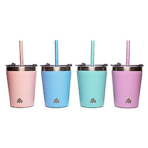 ELEFANT Kids & Toddler Cups (SET of 2), Stackable Stainless Steel Insulated Tumblers with BPA FREE Leak Proof Lids and Reusable Silicone Straws, Elegant, Powder Coated (PINK + PURPLE)