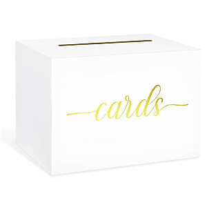 LIKAJON 1 Pack White and Gold Foil Card Box for Party, Wedding Card Box Gift Cards Receiving Box Money Box for Birthday, Bridal or Baby Showers, Retirement, Anniversary, Graduation, Raffle Ticket Box
