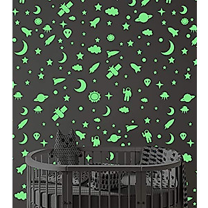 Glow in The Dark Stars, Moon and Space Wall Decals for Kids Bedrooms Nursery Baby Room Kids Room – Stylish Glow in The Dark Decals for Wall and Ceiling Decoration Featuring Stars, Moon and Planets