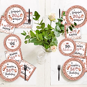 96 Pcs 50 and Fabulous Birthday Party Plates Napkins Tableware Set Rose Gold 50th Birthday Supplies Disposable Dinnerware Fifty Birthday Decoration Favors for Women, 24 Guests