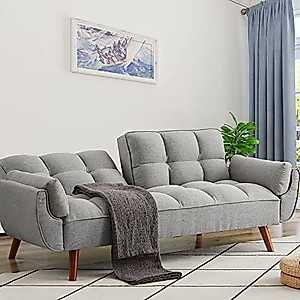 Homies Life Convertible Futon Sofa Bed, Linen Sleeper Couch, 75" W Modern 3 Seater Tufted Sofa with Adjustable Backrests and Soild Wood Legs for Living Room, Bedroom, Small Space, Gray