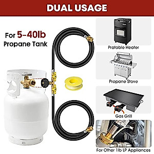 PatioGem 5ft Propane 2 Way Y Splitter Adapter Hose,1 lb to 20 lb Converter with Shut Off Valve, Propane Adapter 1lb Portable Appliance to QCC1/Type1 5-40lb Tank,350PSI for Heater,Camping Stove,Grill