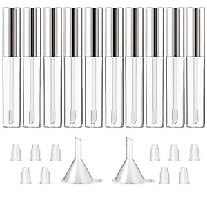 GTHER 10PCS 10ML Empty Lip Gloss Containers Tube with Wand, Refillable Lip Balm Bottles, Lipstick Sample Container and Funnel and Rubber Stoppers for Girls DIY Lip Samples, Silver Top