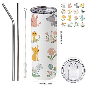 Tumbler with Lid and Straw Cute Cartoon Animals and Plants Thermos Coffee Travel Mug Cute Cups 20 oz Insulated Tumbler for Daily Holiday Decor Gift Coffee Cup