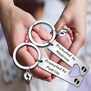 BEKECH New Padrino Madrina Proposal Gift Promoted to Padrino/Madrina Baby Footprint Charm Keychain Set Pregnancy Announcement Gift for New Godparents (keychain set)