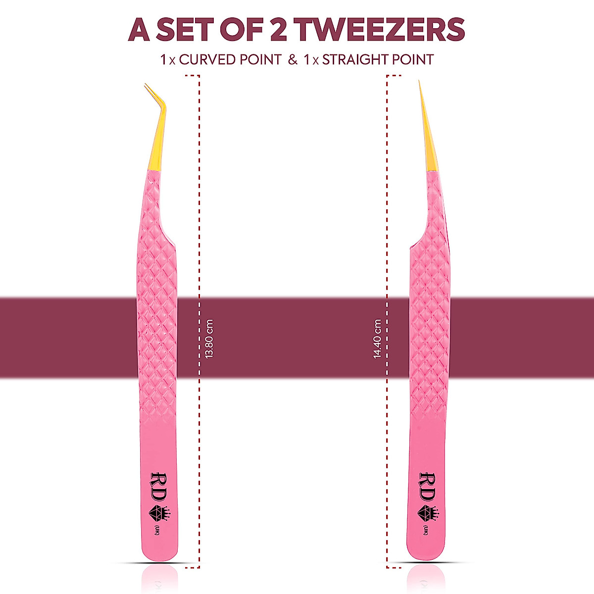 Eyelash Extension Tweezers Lash Extension Precision Tweezers Straight & Curved Set of 2 Pieces 14cm, Pink