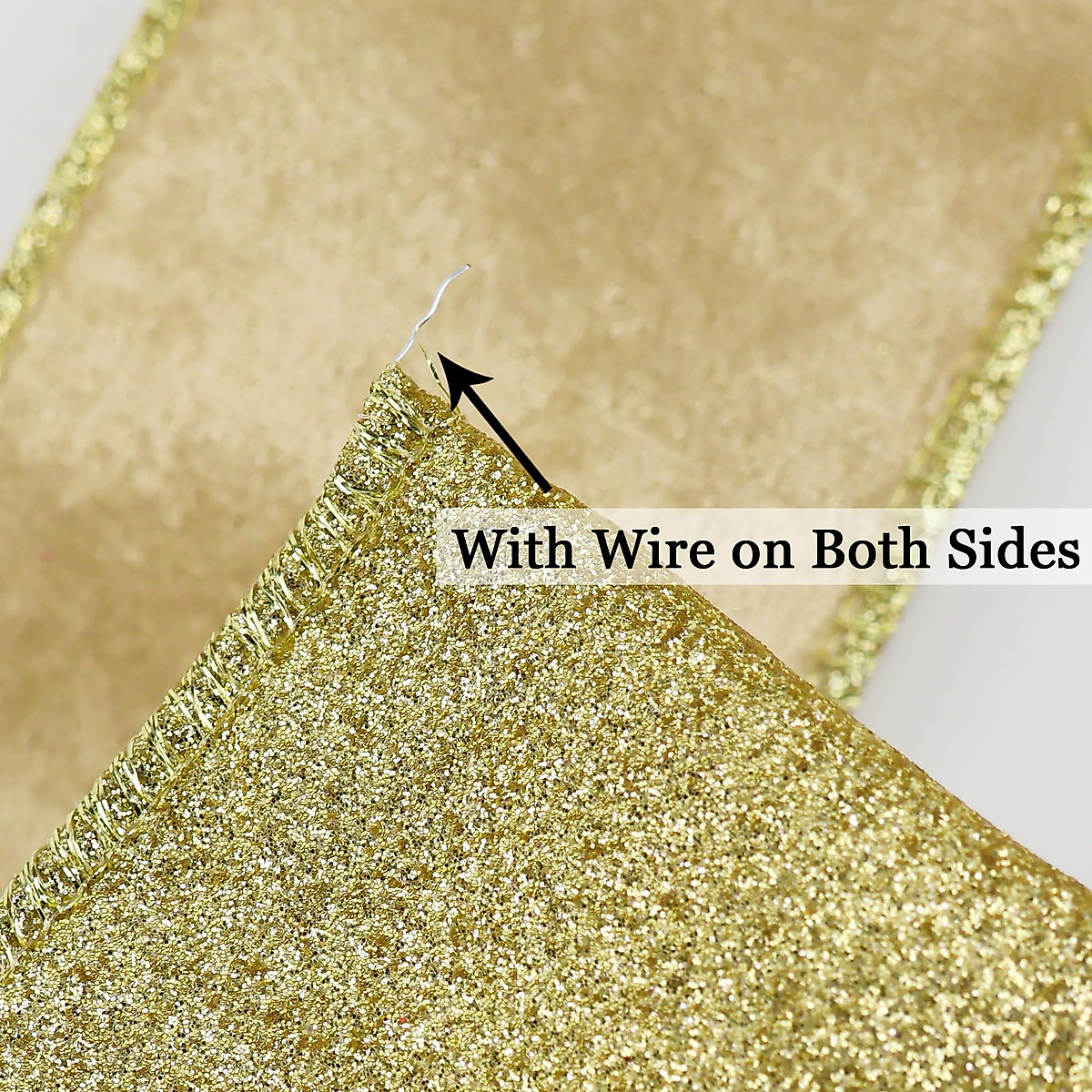 HUIHUANG Champagne Velvet Wired Ribbon 2-1/2" Champagne Gold Christmas Ribbon with Glitter Gold Backing, for Christmas Tree, Tree Top Bows, Wreaths, Graland, Home Decor, Crafts-10 Yards