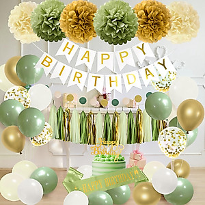 Sage Green Birthday Party Decorations with Birthday Banner,Tissue Tassels Paper Pompoms,Balloons,Birthday Sash,Cake Topper Birthday Decorations for Women Adults