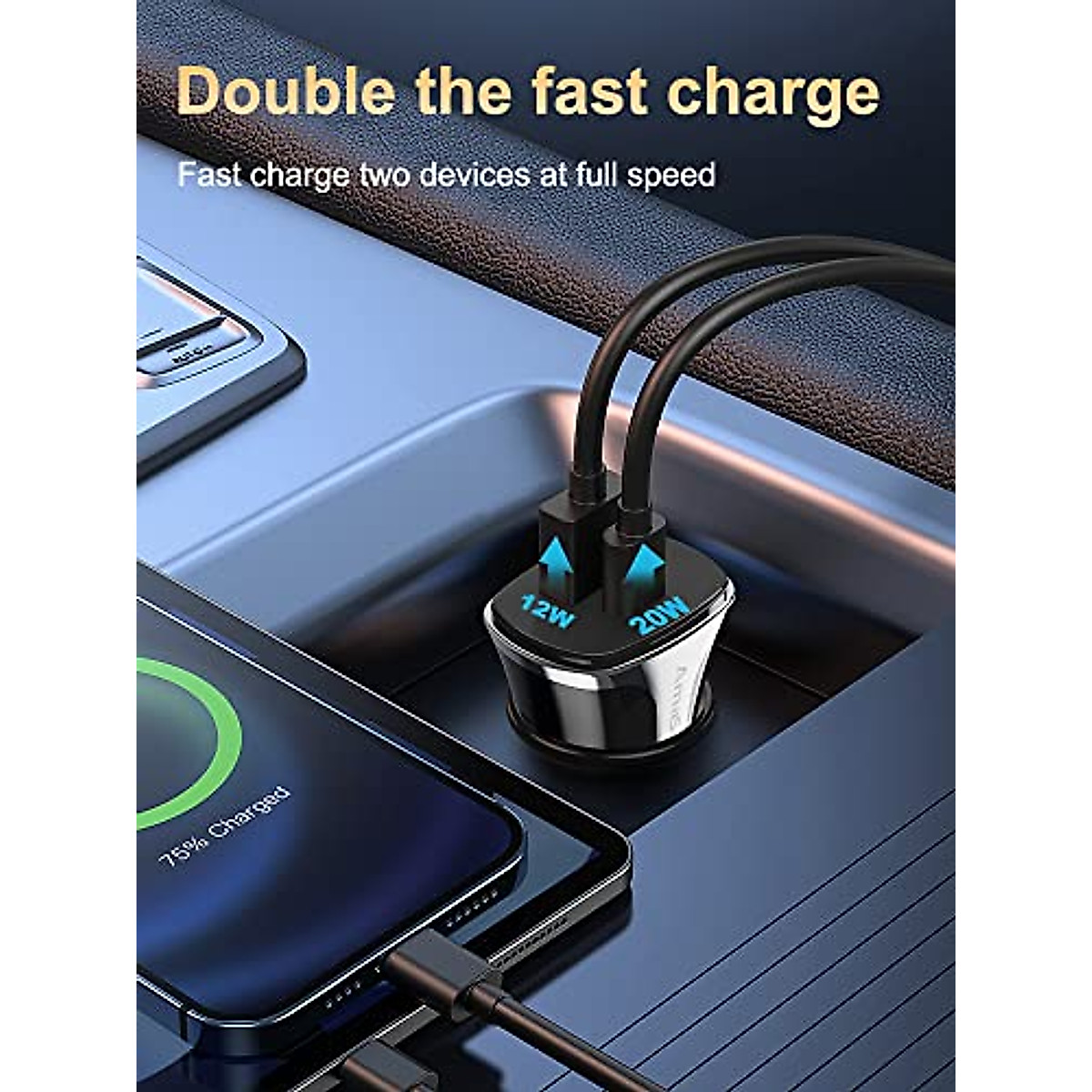 Amasrich 32W Total PD Super Fast Charging Car Charger for iPhone/iPad/Galaxy Note/Galaxy S/Galaxy A/Galaxy Z/GalaxyTab S,20W + 12W Dual Ports