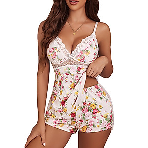 Avidlove Womens Sleepwear Lace Pajamas Cami PJS Set Pajama Set for Women White Floral