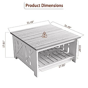 VOXANOXI Square Coffee Table with Storage, Modern Rustic Coffee Table for Living Room, Wooden Farmhouse Coffee Table with Open Storage, Center Table for Living Room, Rustic Grey