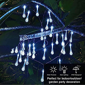 JMEXSUSS 2 Pack Solar Water Drop String Lights, Total 41.6FT 60 LED Solar Powered String Lights Outdoor Waterproof, 8 Modes White Solar Teardrop Lights for Gardens Patio Yard Party Holiday Decor