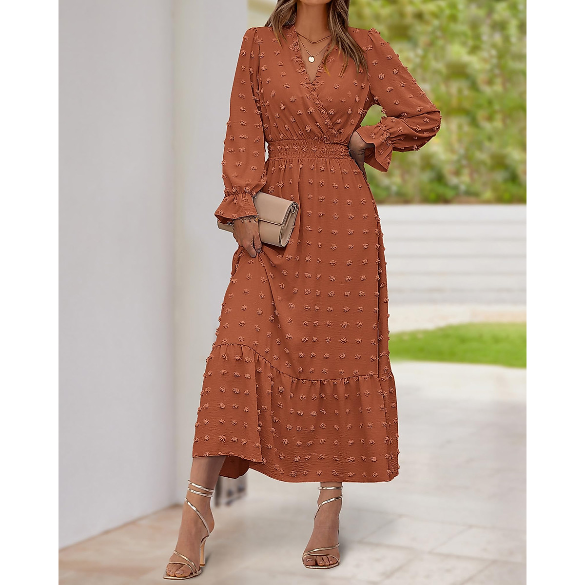 BTFBM Women Fall Dresses 2023 Long Sleeve V Neck Swiss Dots Maxi Dress Boho Long Dress High Waisted A-Line Ruffle Dress(Solid Orange,Small)