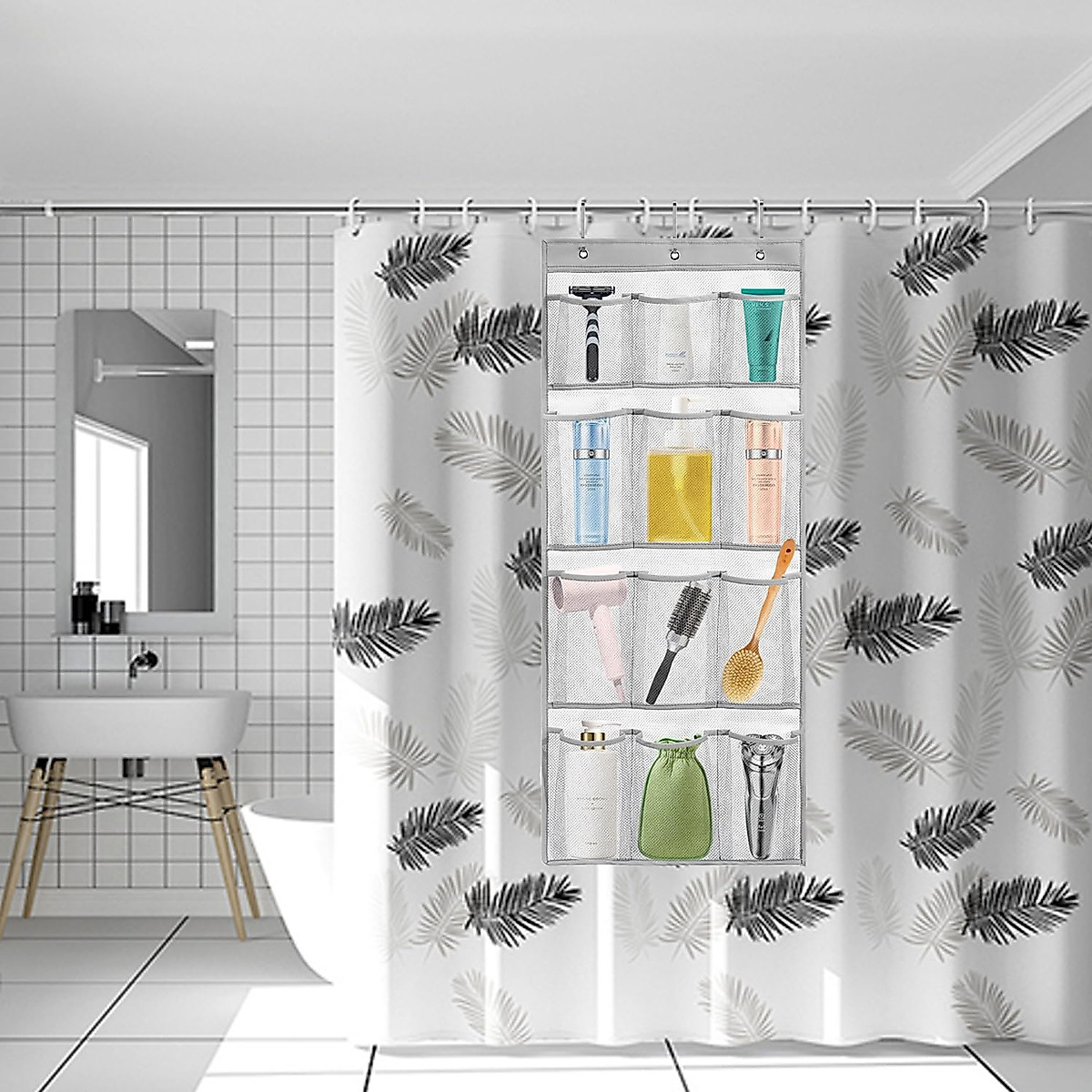 TEMUORG 2 Pcs Door Hanging Bathroom Organizer Mesh Shower Accessories Holder Bathtub Storage Bag with Mesh Pockets (12 Pockets)