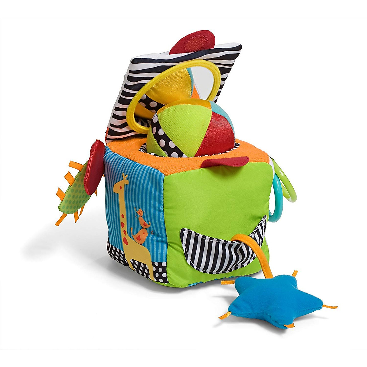 Infantino Peek & Seek Discovery Cube - Soft Development Toy, Peek-A-Boo Mirror, Clacker Rings, Crinkle & Rattle Sounds - Sensory Play, Ages 3 Months +