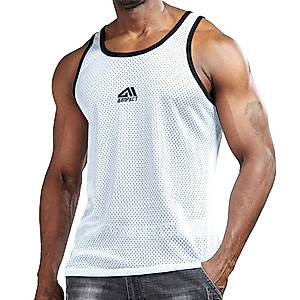 AIMPACT Men Athletic Workout Tank Top Mesh Quick Dry Jersey Casual Sleeveless Shirts(White L)