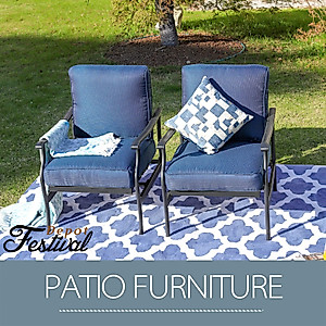 Festival Depot Patio Set of 2 Dining Chairs with Thick Cushions Metal Frame Outdoor Furniture for Bistro Deck Garden (Blue)