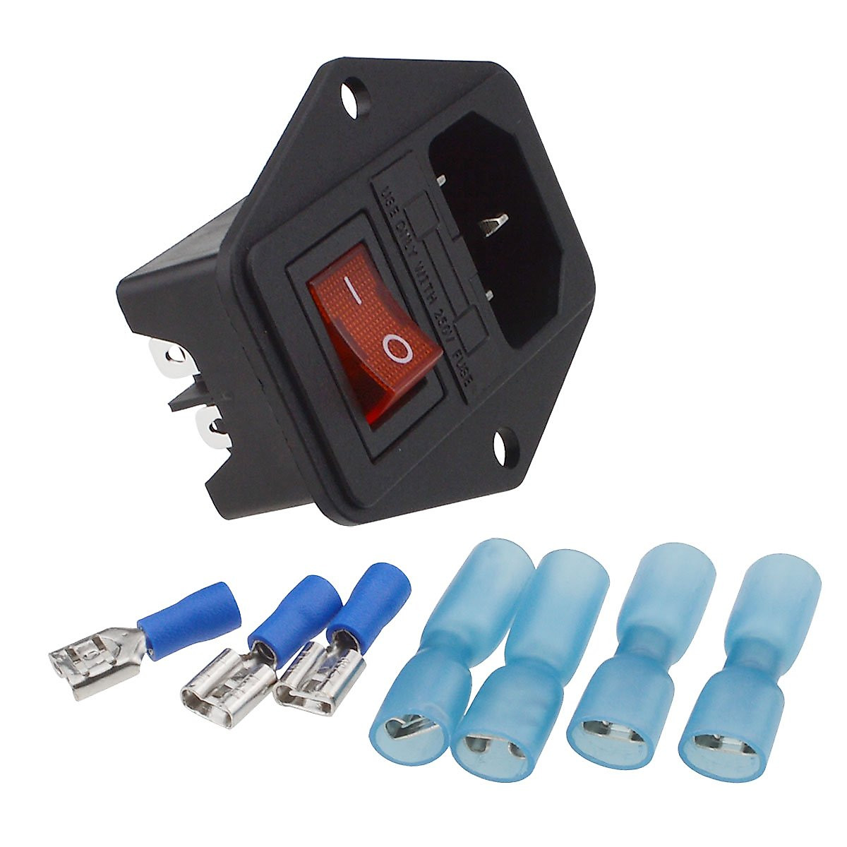 URBEST Male Power Socket 10A 250V Inlet Module Plug 5A Fuse Switch with 7Pcs Female 16-14 AWG Wiring Spade Crimp Terminals