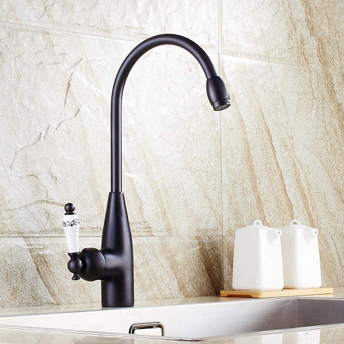 Easikc Antique High Arch Spout Ceramics Kitchen Faucet 360 Degree Rotation Full Copper Vintage Hot and Cold Water Taps Single Handle Single Hole Basin Mixer Faucet