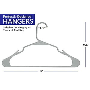ROYALE 60 Pack Grey Plastic Hangers for Clothes - Heavy Duty Plastic Clothes Hanger Ideal for Everyday Standard Use - Lightweight & Space Saving Notched Plastic Hangers - Slim & Sleek Shoulder Groove