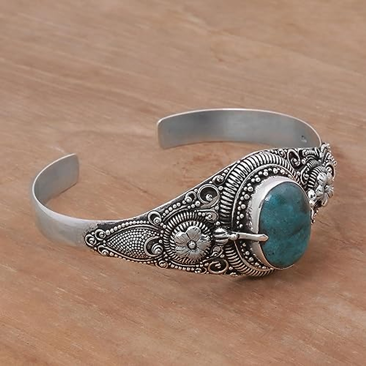 NOVICA Handmade Turquoise Cuff Bracelet Natural on 925 .925 Sterling Silver Tone Blue Indonesia Island Paradise Gemstone 'Balinese Magic'