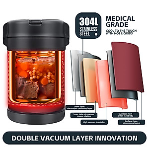 Yelocota Thermos for Hot Food- 67 Ounce Wide Mouth Insulated Soup Container- 18/10 Stainless Steel Lunch Food Jar with 3 Tiers Leak-Proof Stackable Thermal Lunch Box,Fork,Spoon and Bag