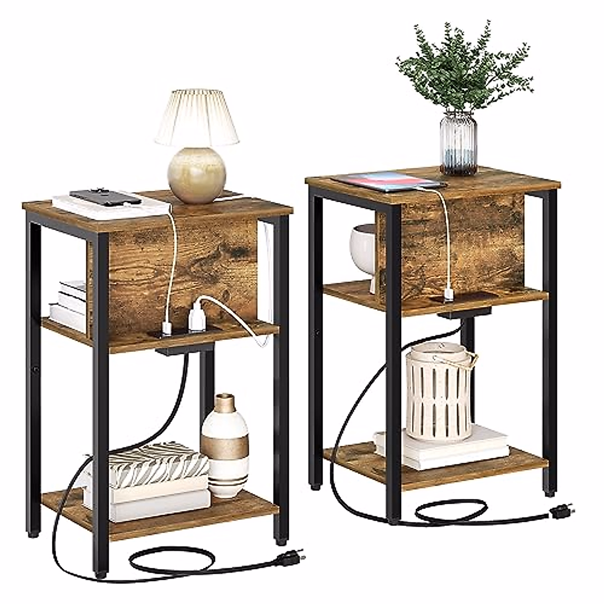 YATINEY Nightstands Set of 2, End Tables with Charging Station and Type C, Side Table with Open Storage Shelf, Bedside Table for Small Spaces, Rustic Brown and Black ET58L2BR