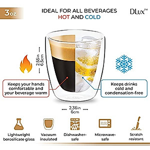 DLux Espresso Coffee Cups 3oz, Double Wall, Clear Glass set of 4 Glasses, Insulated Borosilicate Glassware Tea Cup