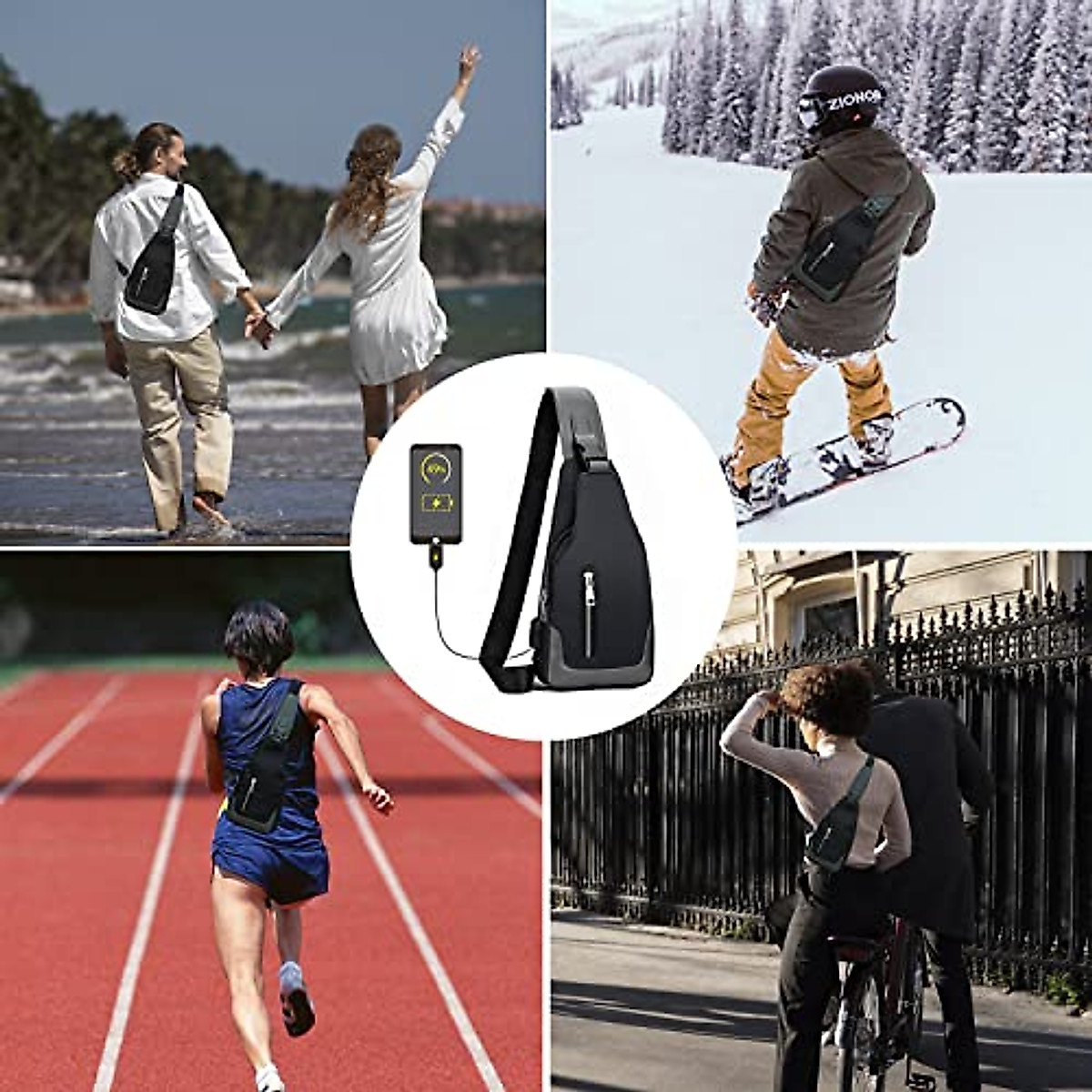 Fenerda Sling Bag for Men Women Shoulder Backpack with USB Charger Port Crossbody Shoulder Chest Bags for Outdoor Hiking, Cycling Camping