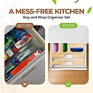 Premium Ziplock Bag Storage Organizer and 2 In 1 Wrap Dispenser for Kitchen Drawer - 6 Pcs Ziplock Bag Pantry Organizer Set - For Gallon Quart Sandwich Snack Candy Baggies