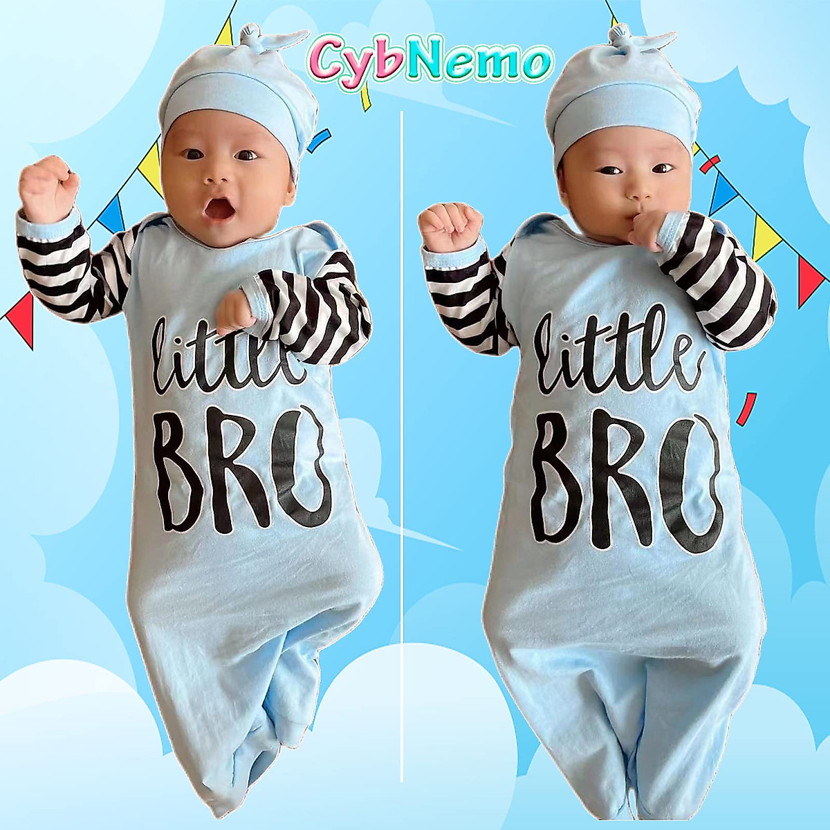 CybNemo Newborn Baby Boy Sleeper Gift Set Little Bro Nightgown Stripe Long Sleeve Infant Sleepwear Outfit Sky Blue